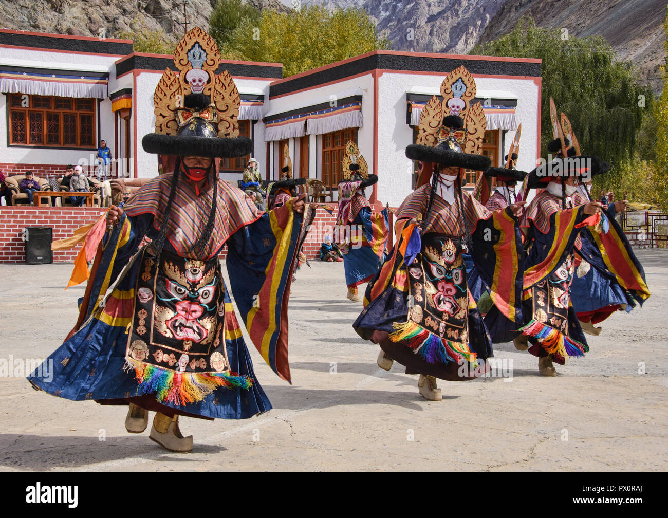 Gelugpa monks dancing at the Diskit Monastery's Gustor Festival, Nubra ...