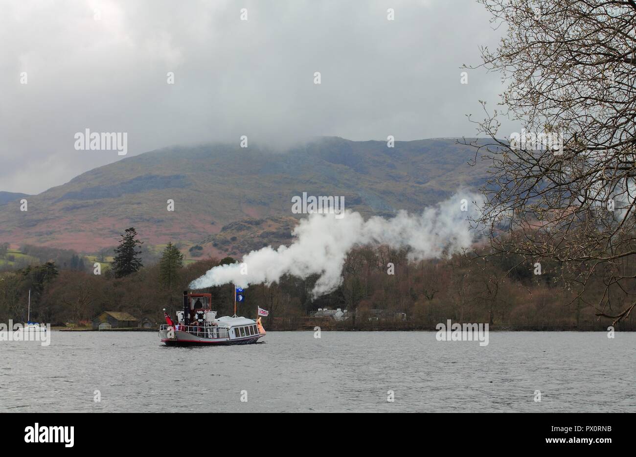 UK Coniston. The steam yacht Gondola on Coniston Water in the English ...