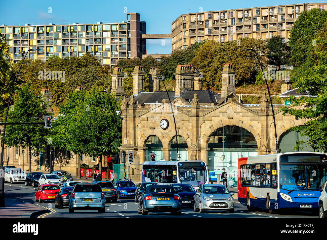 Sheffield Railway Station building exterior featuring Park Hill Flats ...