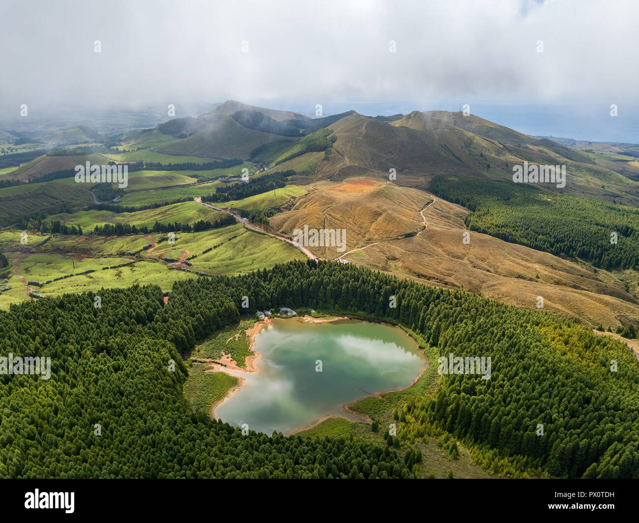 Drone view of Canario Lagoon. Lake formed by the crater of an old ...