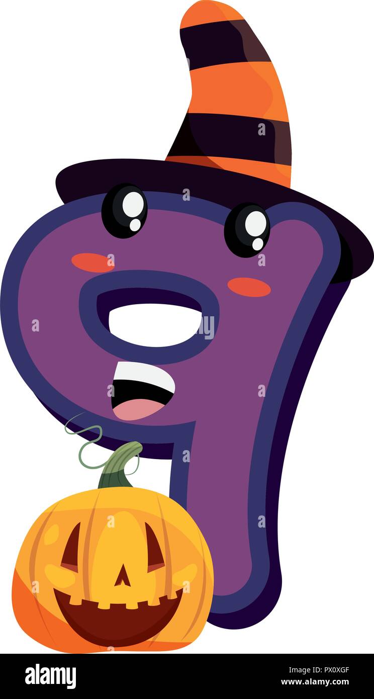 kawaii cartoon number nine halloween character pumpkin vector ...