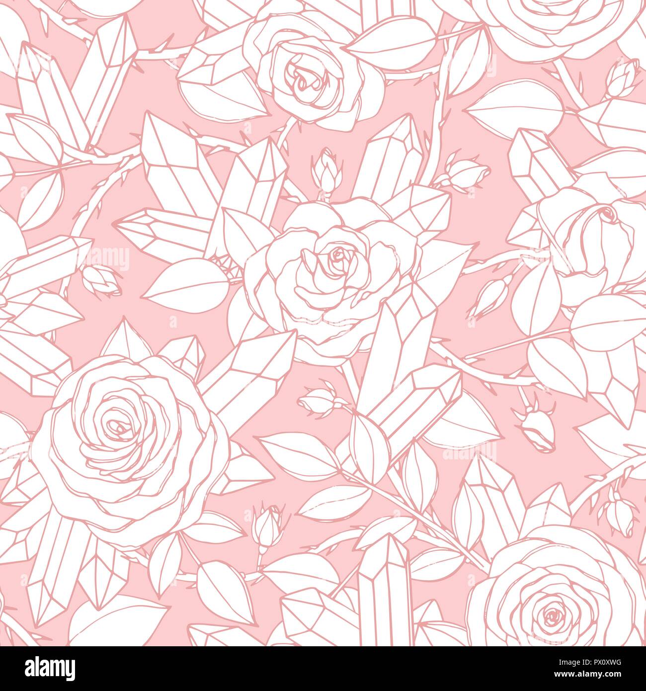 Vector hand drawn seamless pattern of white rose flowers with buds ...