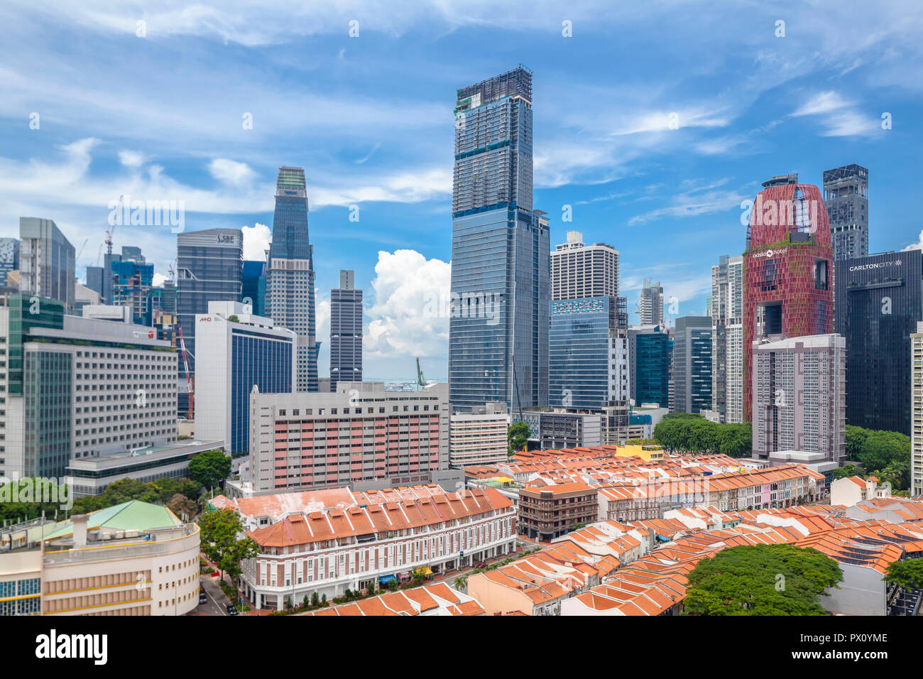 Cityscape of Singapore downtown (Tanjong Pagar) featuring conserved ...