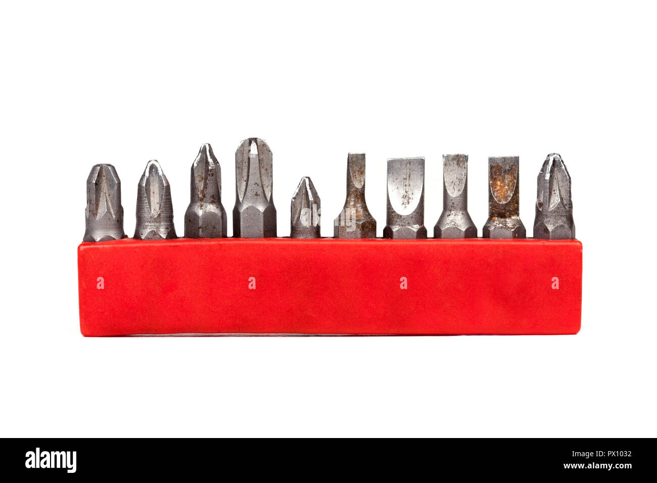 Drill bit holder collection in a red case isolated on white background ...
