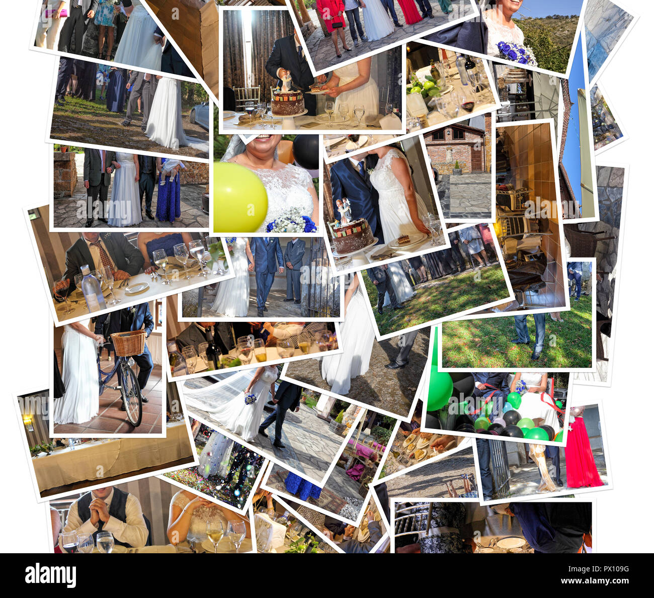 Collage with photos of the wedding and banquet of two young people ...