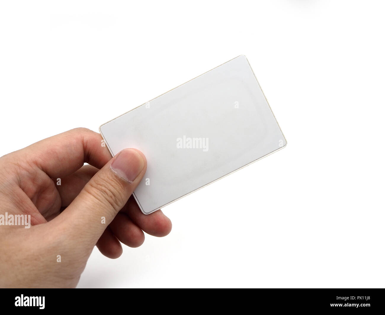 Hand holding an empty white card isolated on white background Stock ...