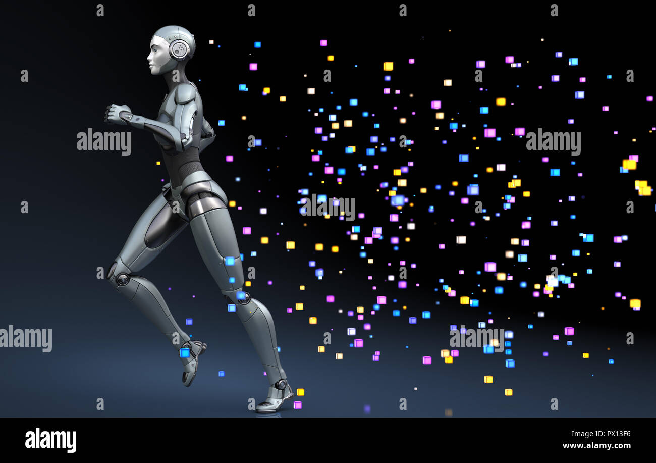 Running robot leaving a trace of pixels. 3D illustration Stock Photo ...