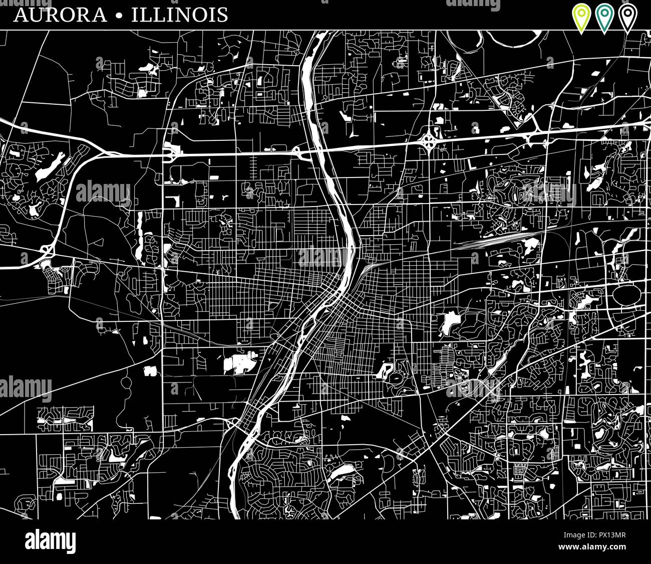 Simple map of Aurora, Illinois, USA. Black and white version for ...
