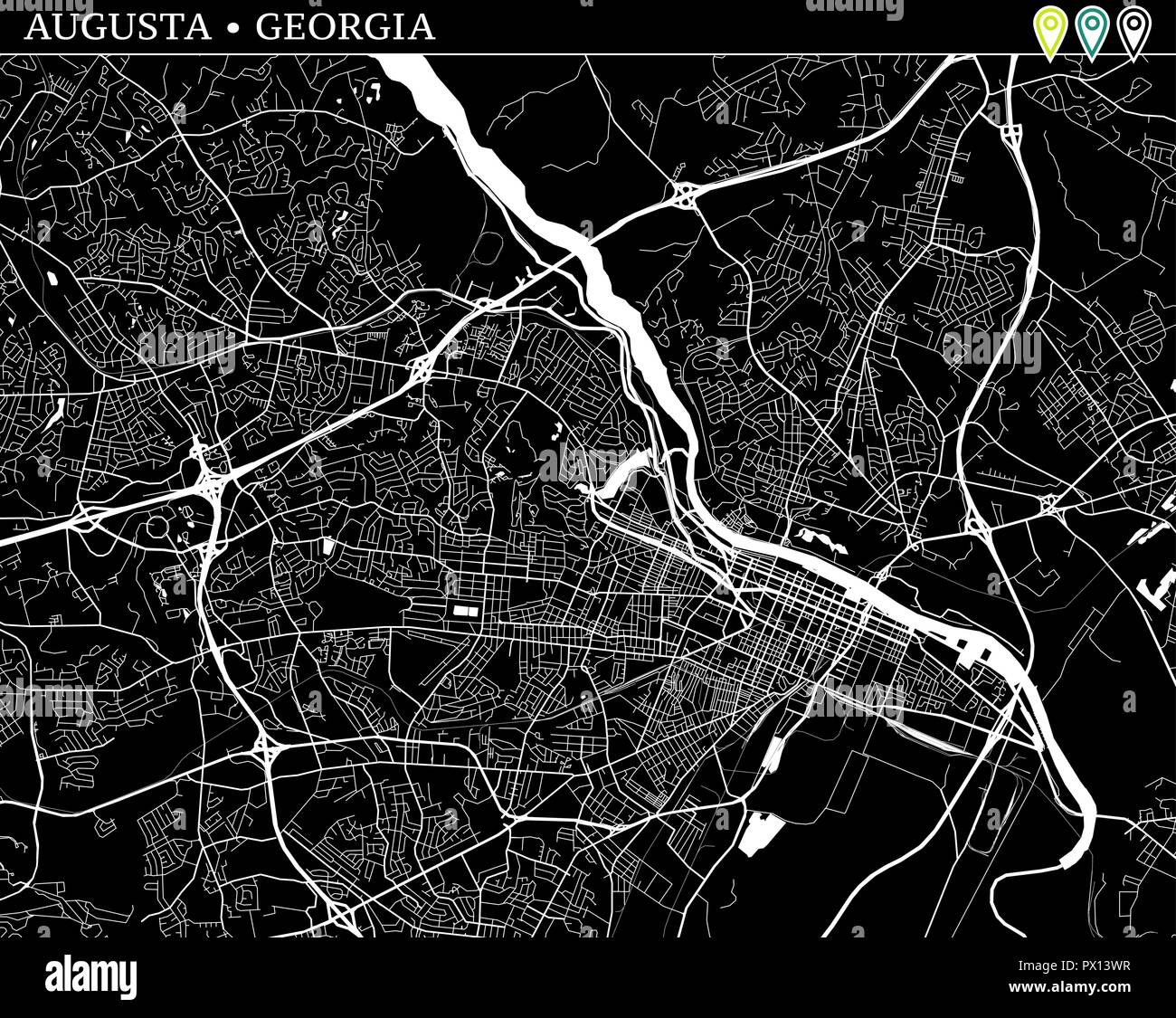 Simple map of Augusta, Georgia, USA. Black and white version for ...