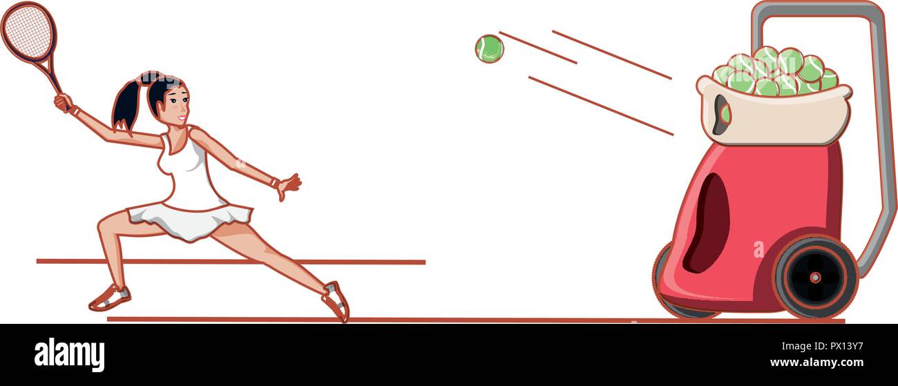 woman practicing tennis with ball throwing machine vector illustration ...