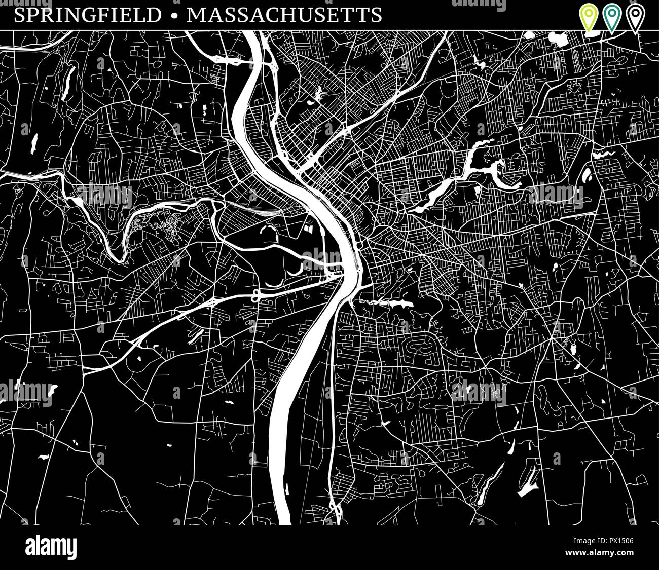 Simple map of Springfield, Massachusetts, USA. Black and white version ...