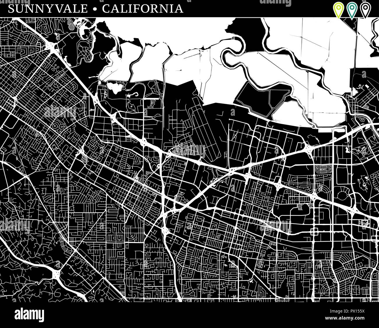 Simple map of Sunnyvale, California, USA. Black and white version for ...