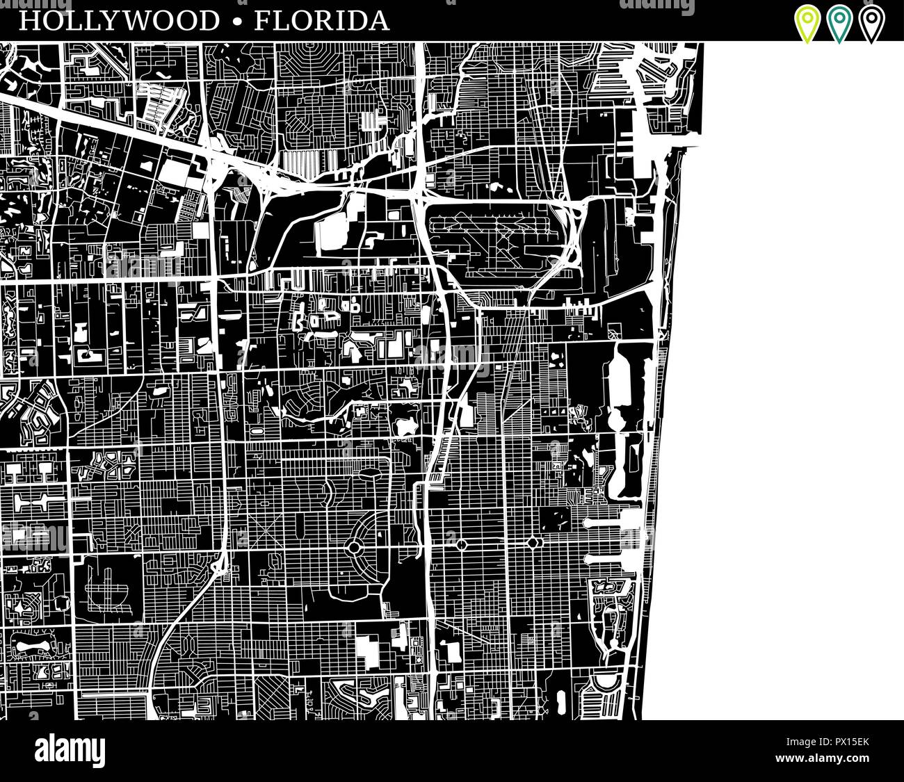 Simple map of Hollywood, Florida, USA. Black and white version for ...