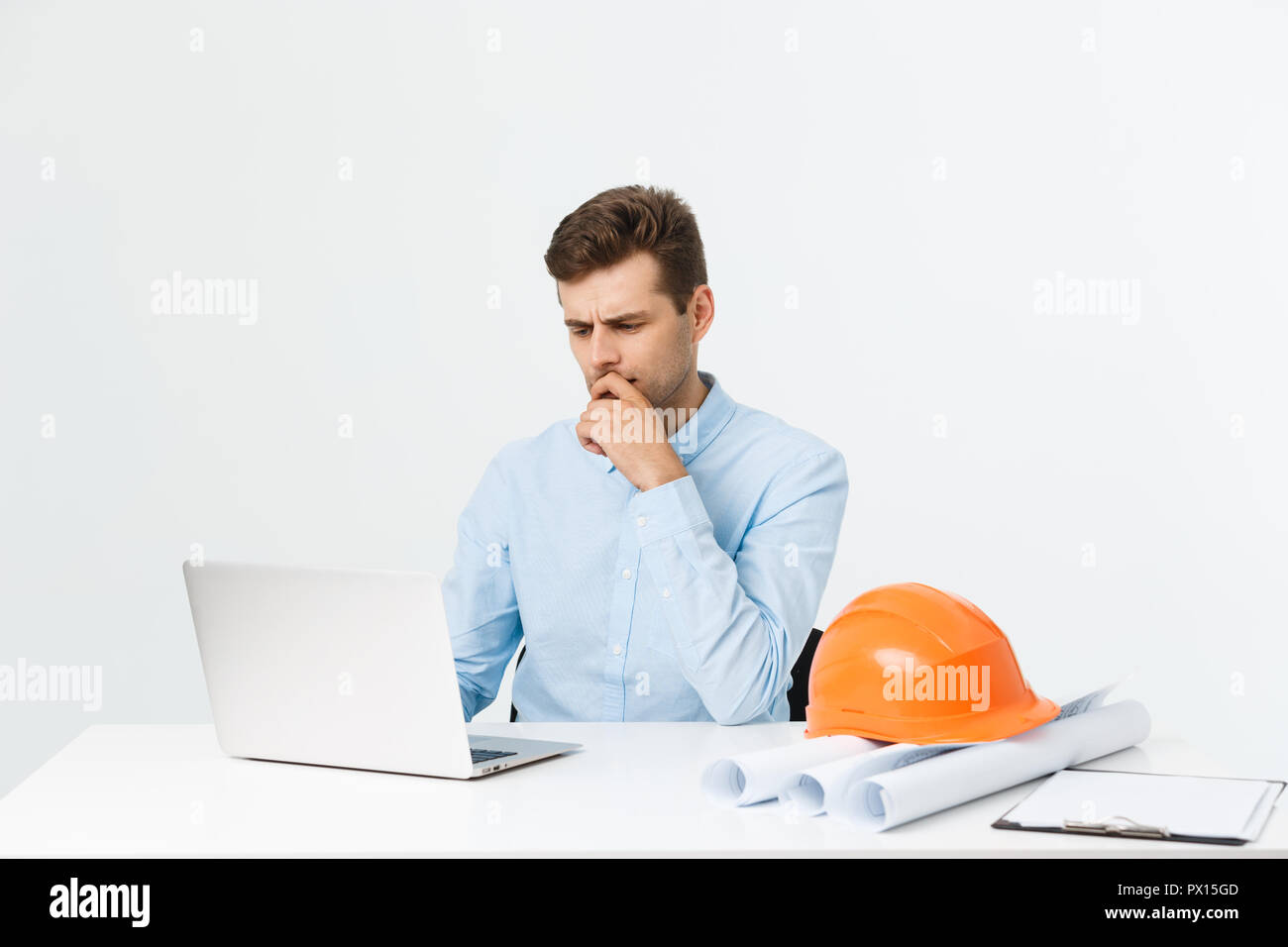 People, job, tiresome and overwork concept. Bored sleepy male engineer ...