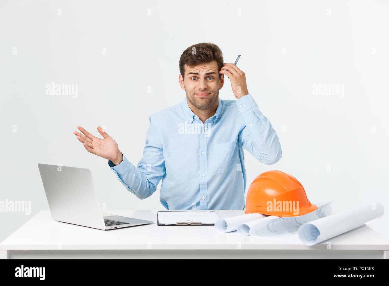 People, job, tiresome and overwork concept. Bored sleepy male engineer ...