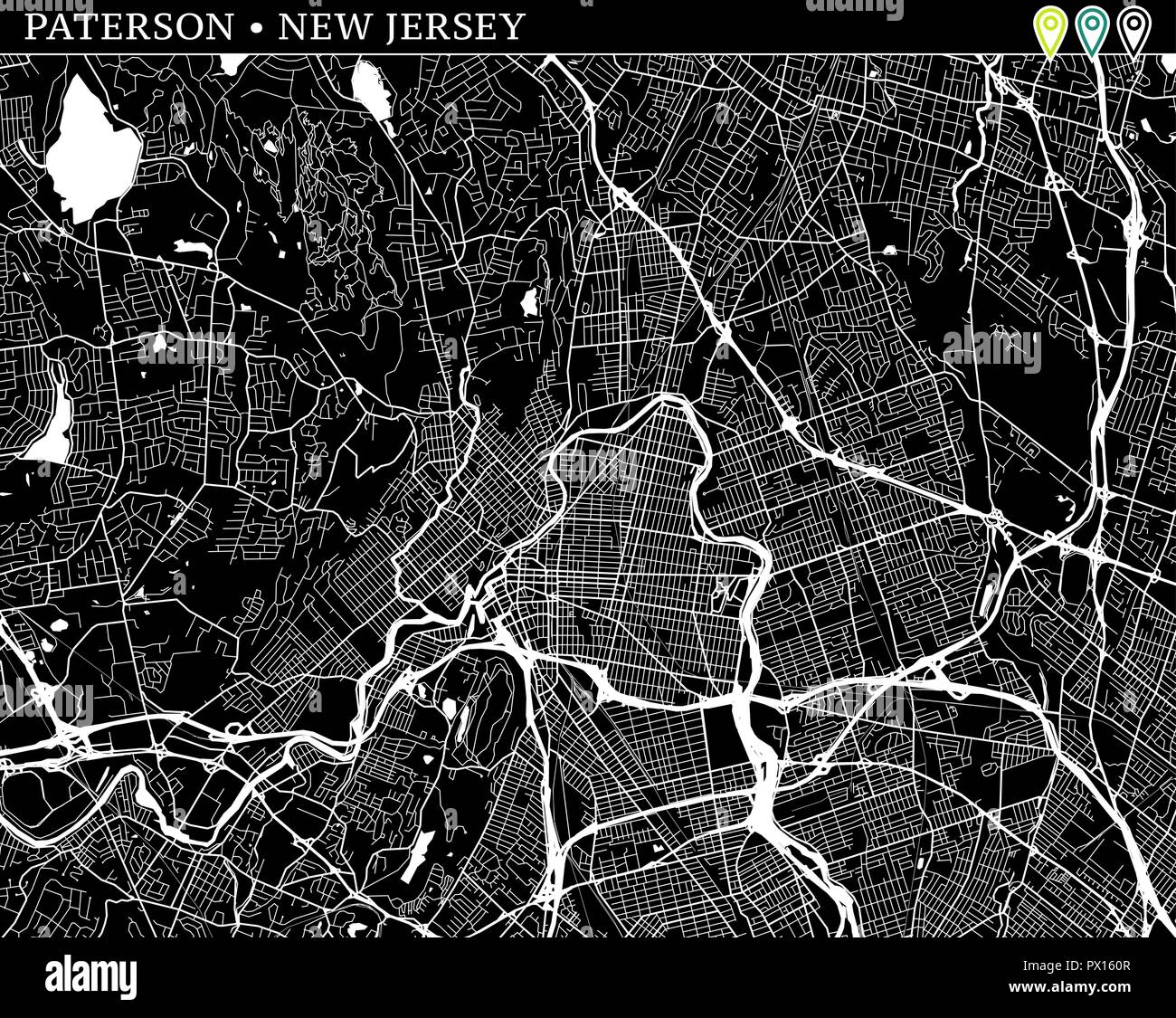 Simple map of Paterson, New Jersey, USA. Black and white version for ...