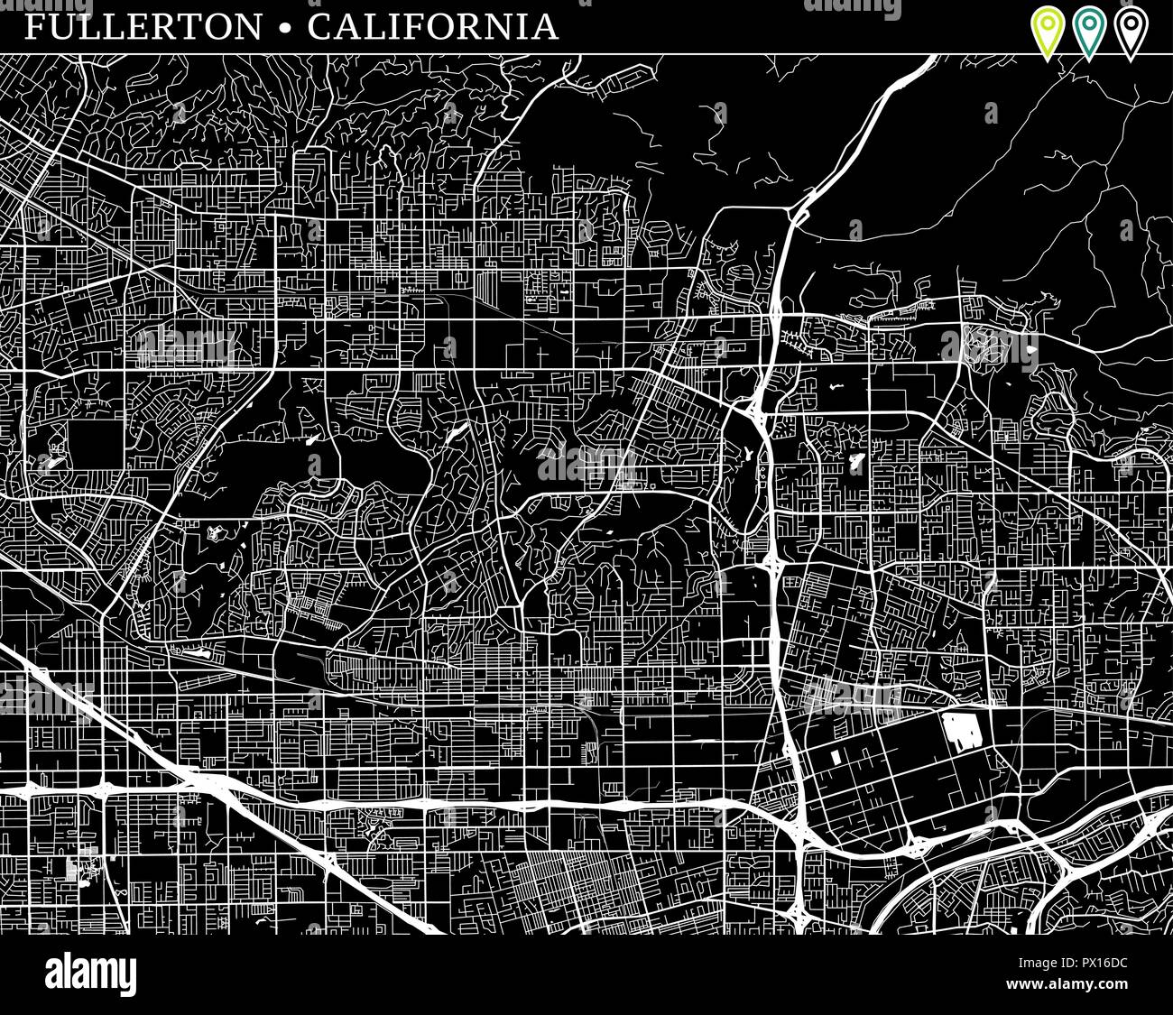 Simple map of Fullerton, California, USA. Black and white version for ...