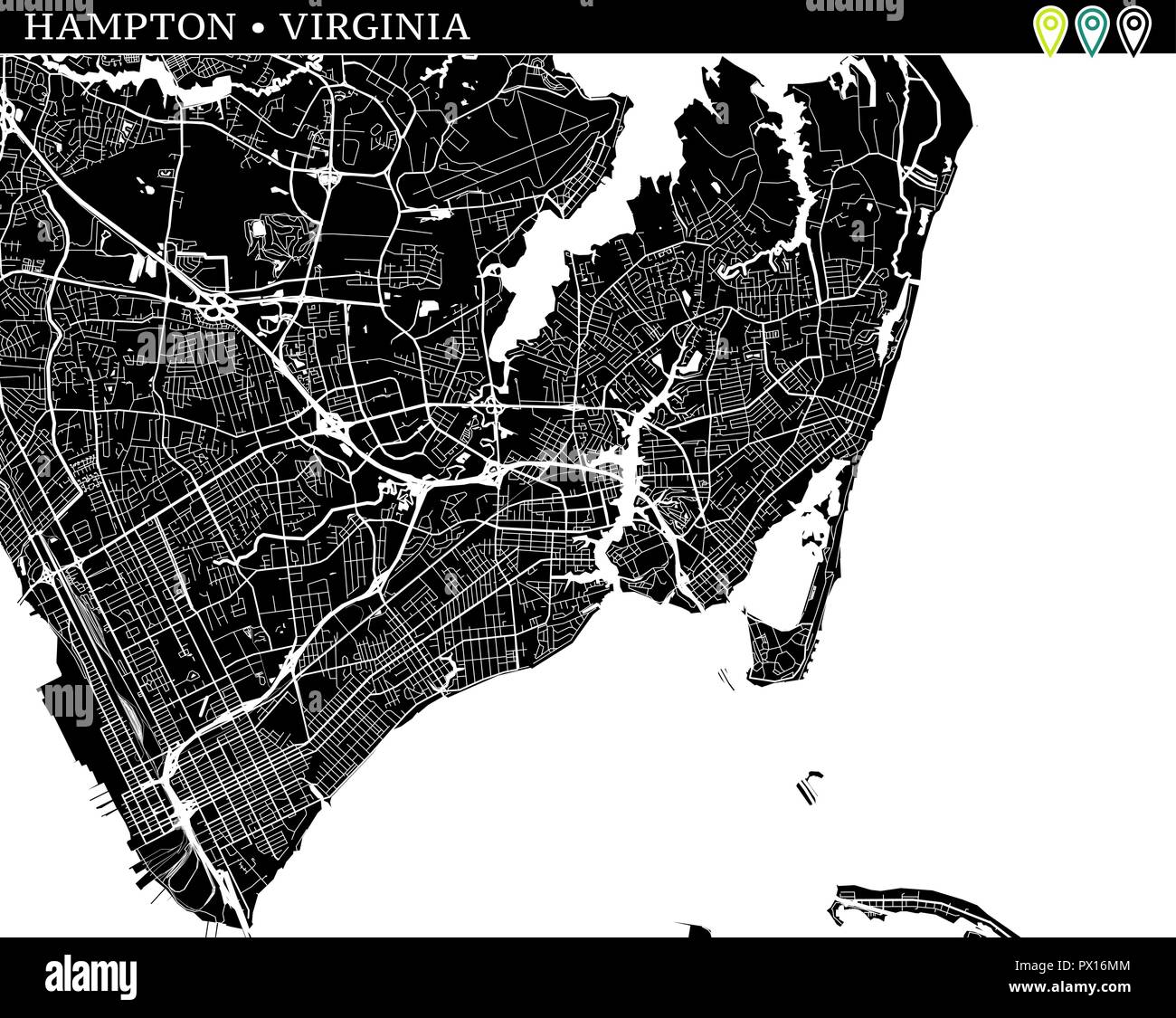 Simple map of Hampton, Virginia, USA. Black and white version for ...