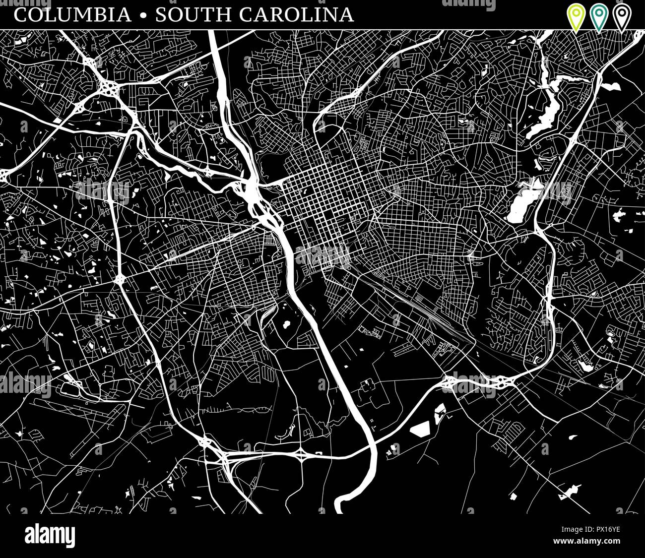 Simple map of Columbia, South Carolina, USA. Black and white version ...