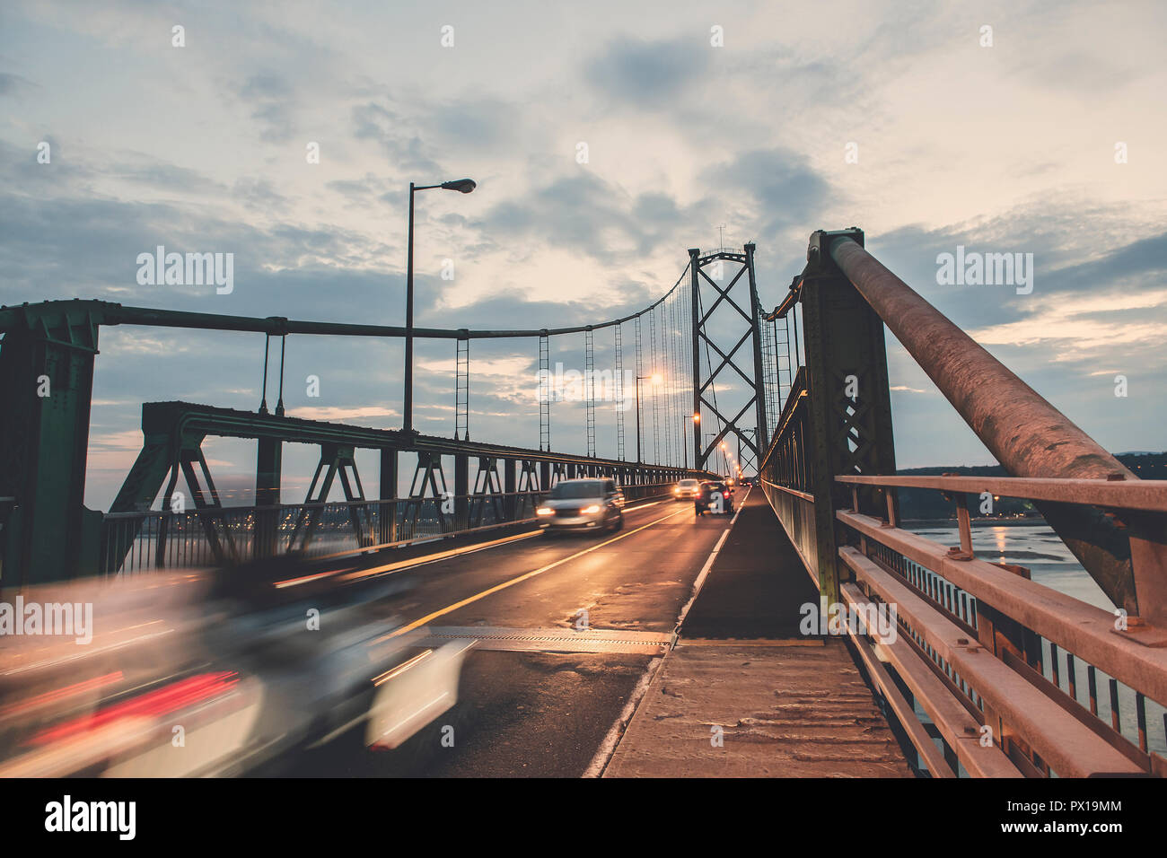 Bridge view crossing Saint Lawrence river from Ile D'Orleans in Quebec ...