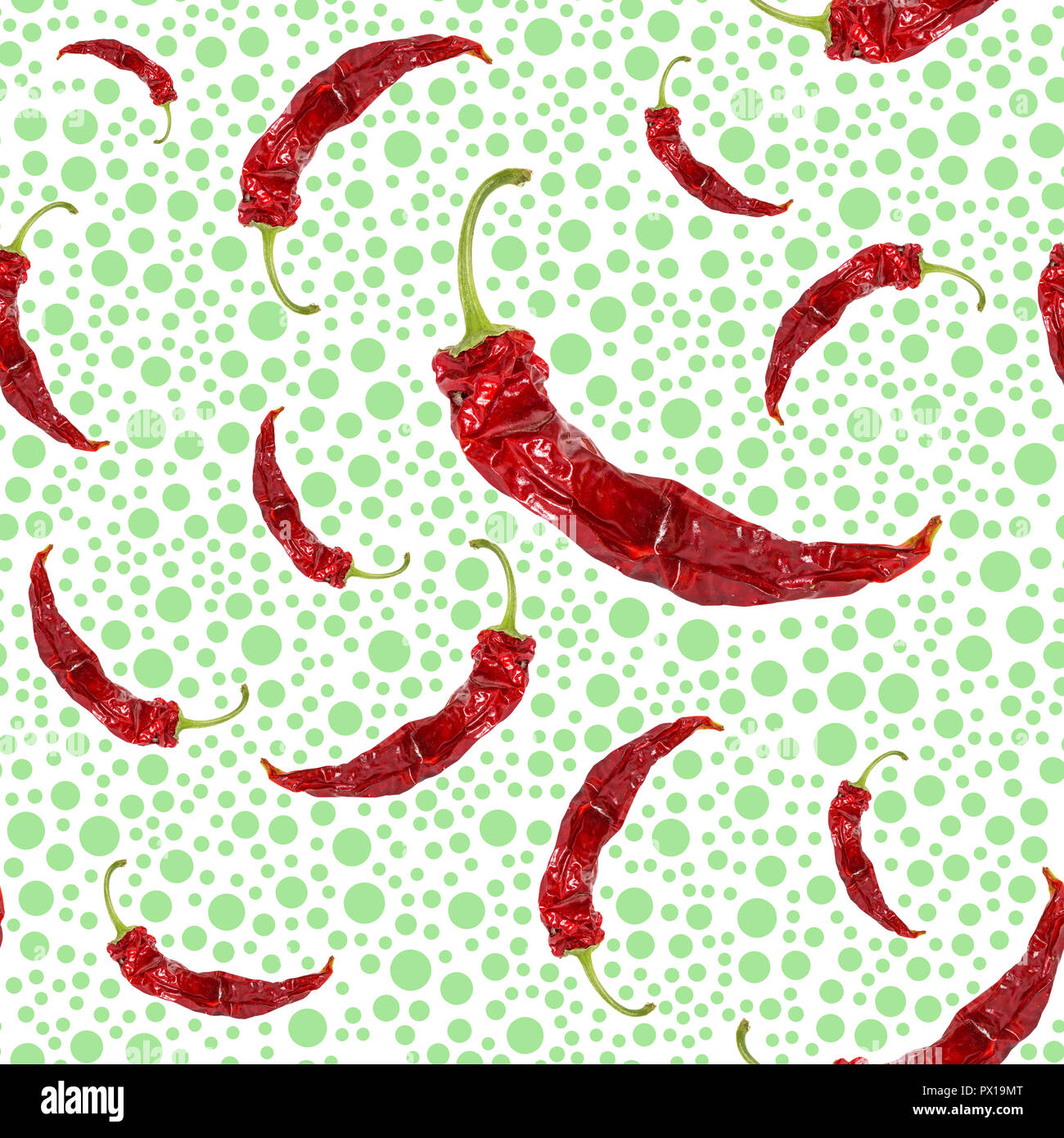 Seamless pattern with dry bright chili peppers and green dots on white ...