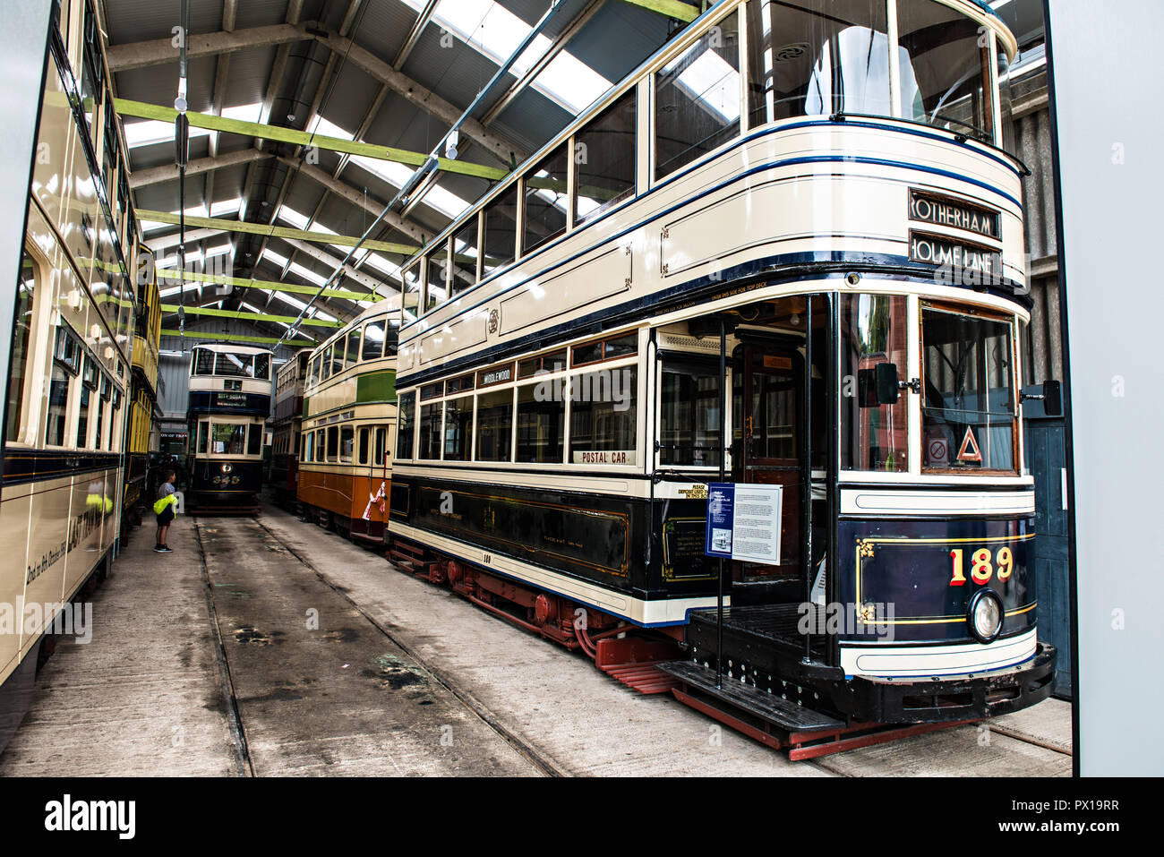 Trams in their garages at Crich Tramway Museum in the village of Crich ...