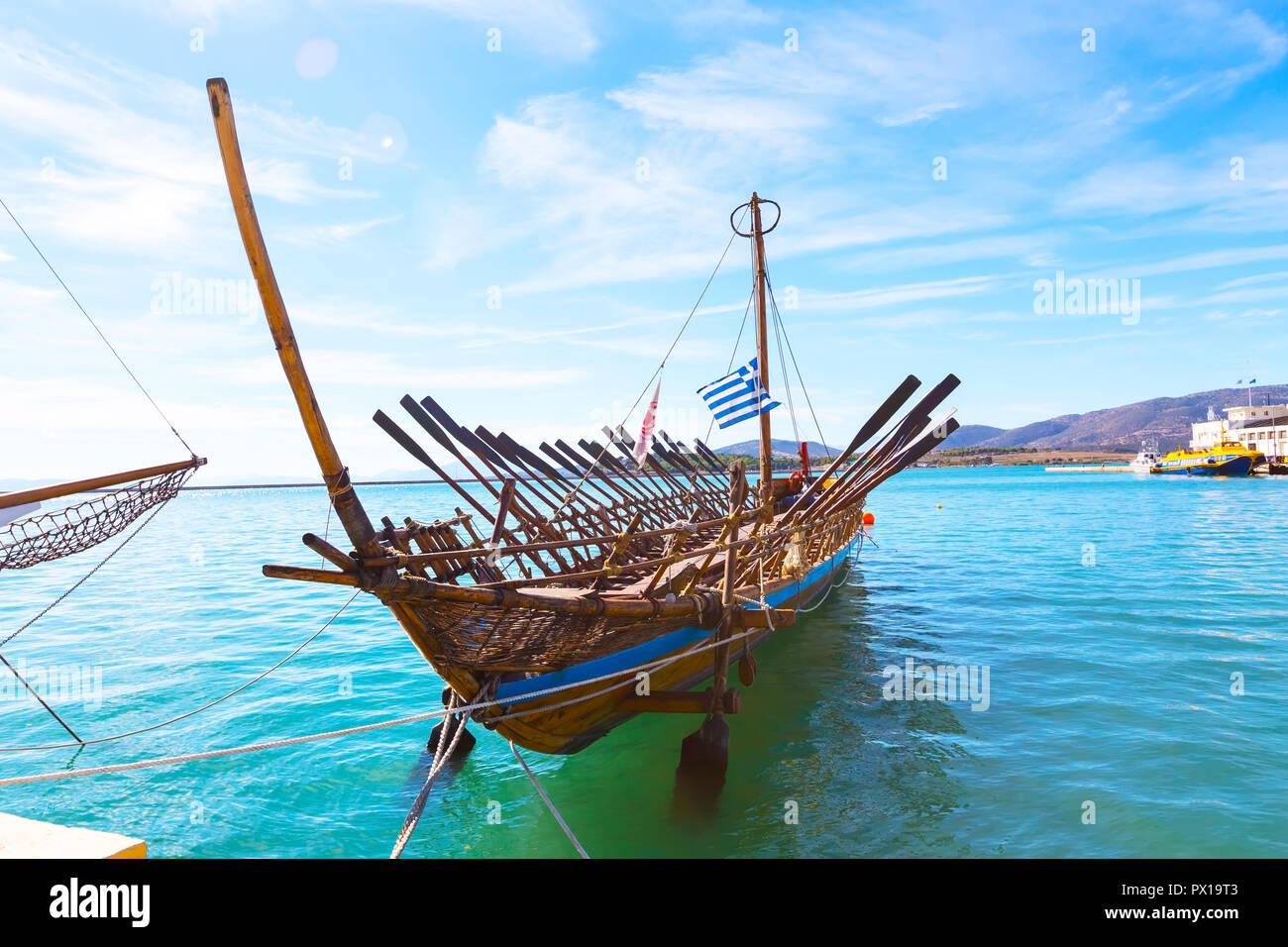 Argo legendary ship copy in port Volos, Greece. Greek mythology Argonauts sailed Argo to ...