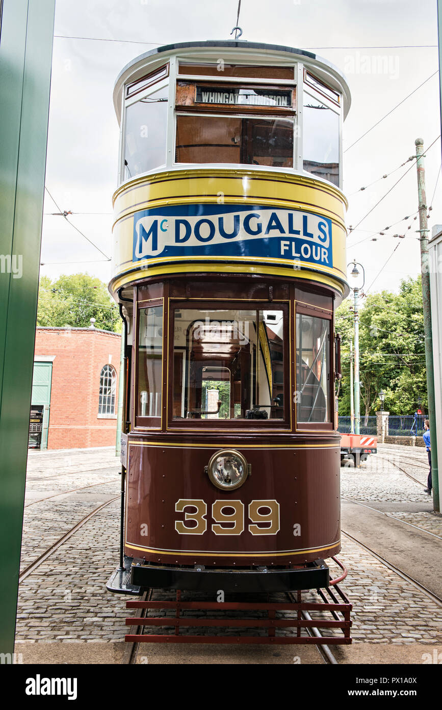 Vintage tram at Crich Tramway Museum in the village of Crich ...