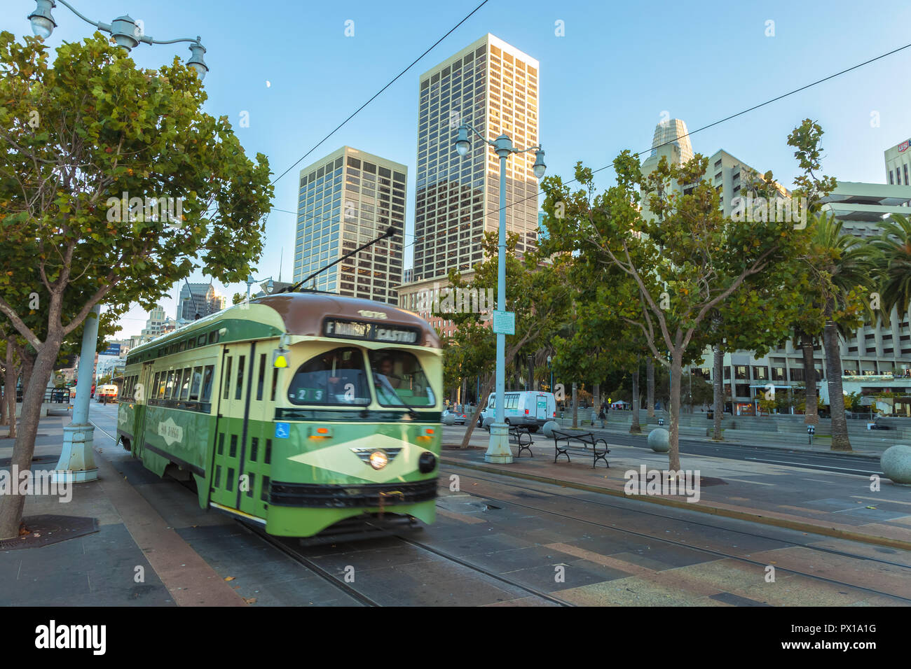 Green trolley car at downtown San Francisco, California,United States ...
