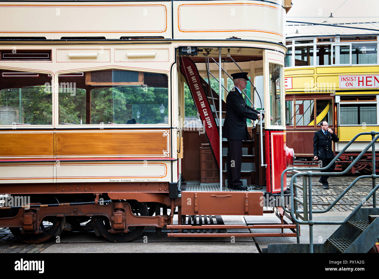 Vintage tram at Crich Tramway Museum in the village of Crich ...