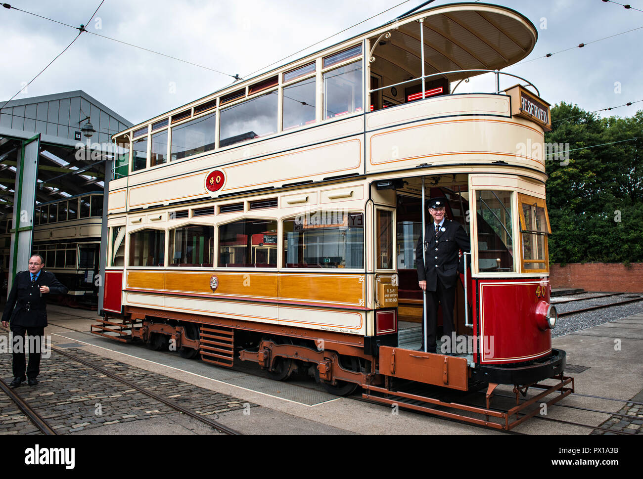 Vintage tram at Crich Tramway Museum in the village of Crich ...