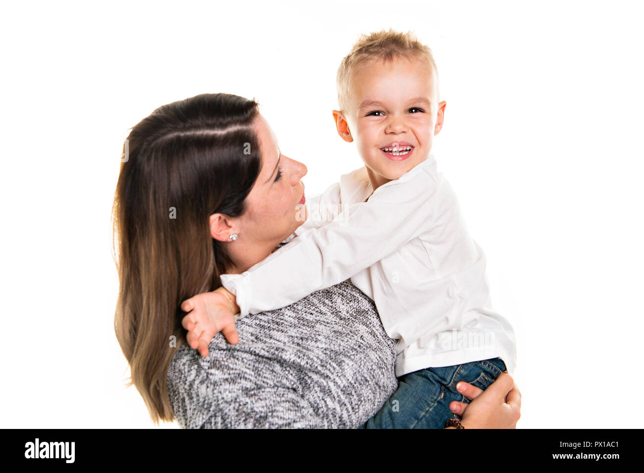 loving mother holding her son on white background Stock Photo - Alamy