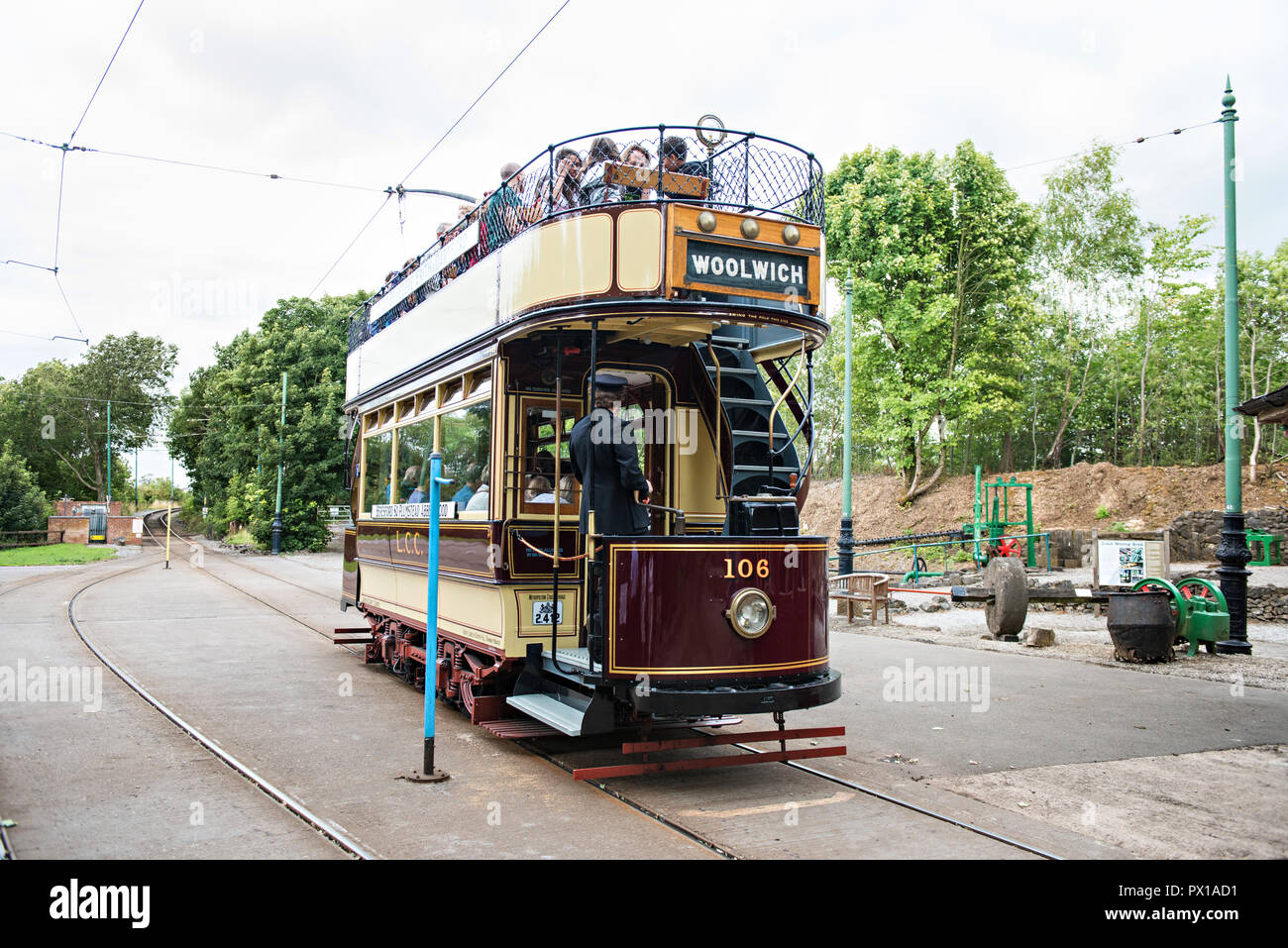 An old vintage London Woolwich tram at Crich Tramway Museum in the ...