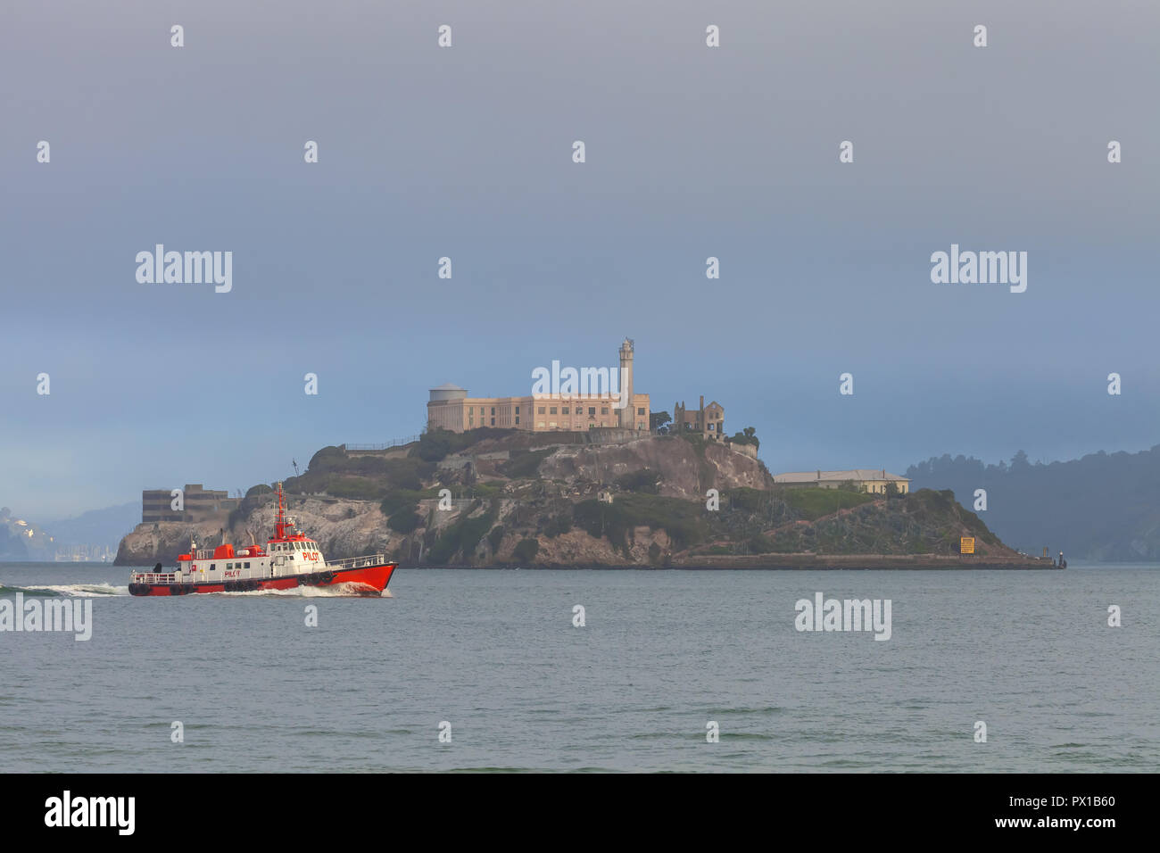 Alcatraz Island, view from Pier 39, at sunrise, San Francisco ...