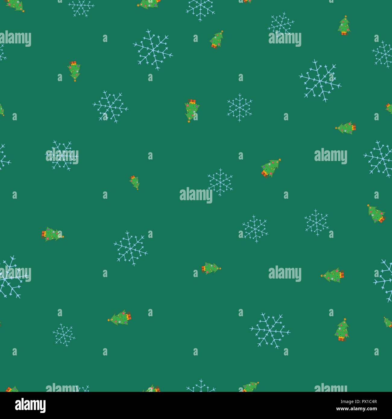 Green Christmas tree and snowflake seamless pattern. Turquoise ...