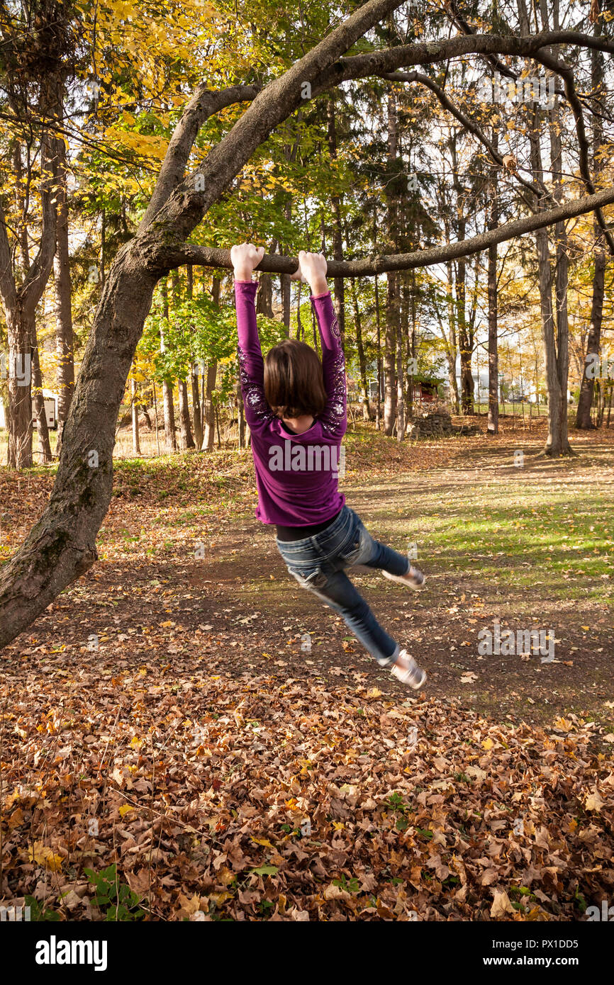 Young preteen girl playing on tree in backyard, USA Stock Photo - Alamy