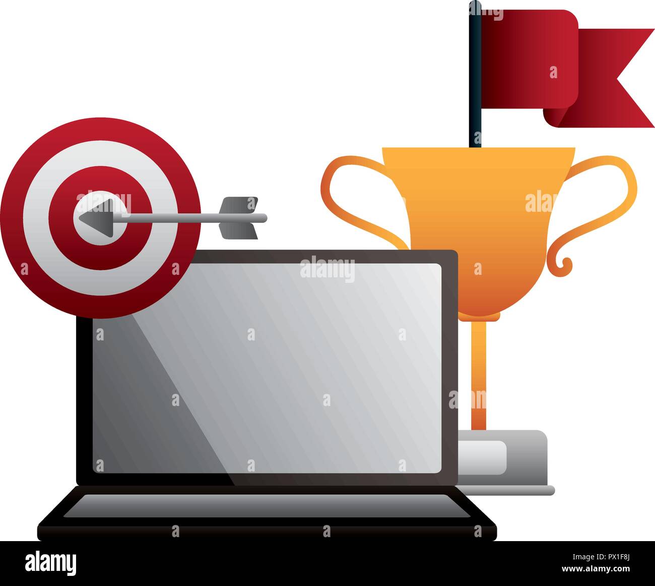 laptop trophy target and red flag success vector illustration Stock ...