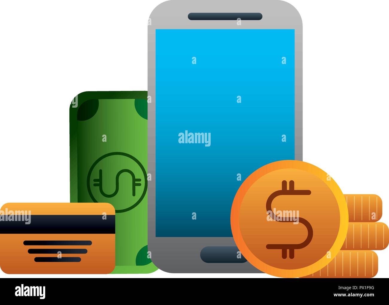 smartphone bank card money coin banknote vector illustration Stock ...