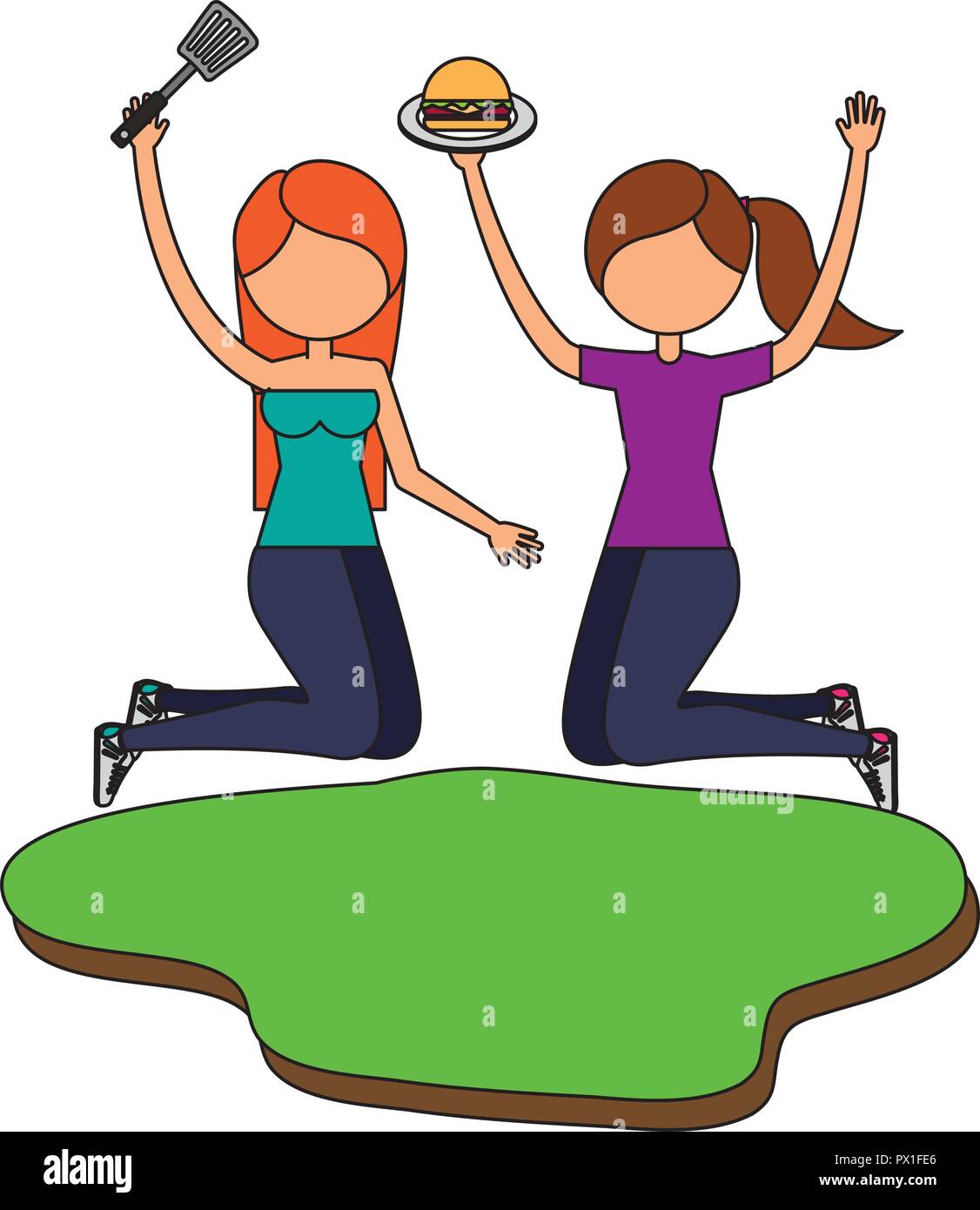 happy women with burger and fork food picnic vector illustration Stock ...