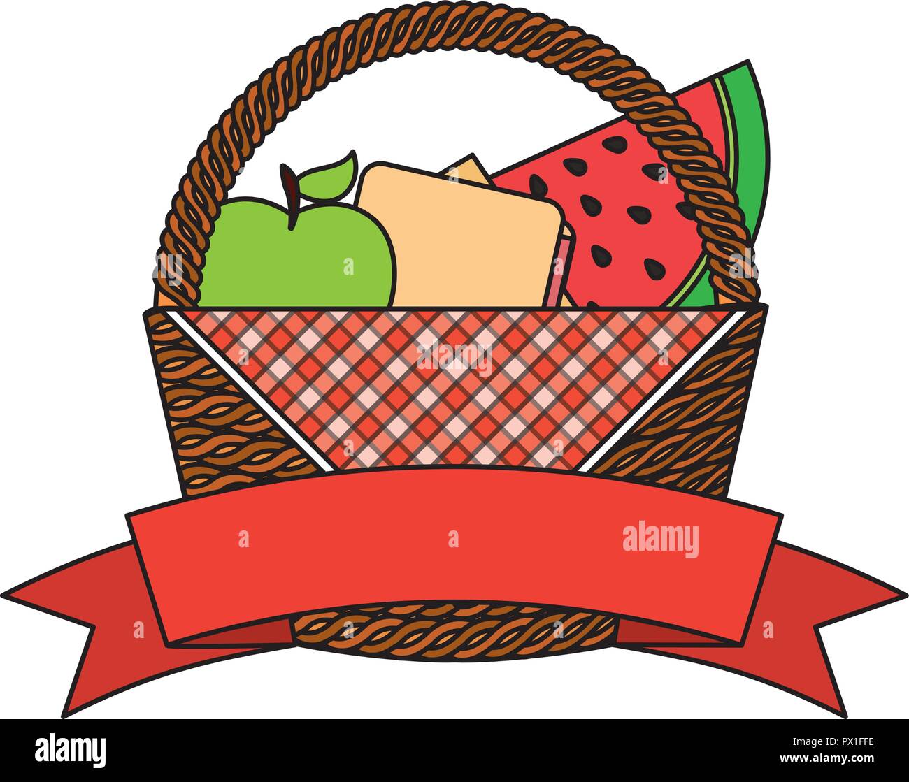 wicker basket fruits cheese food picnic vector illustration Stock ...