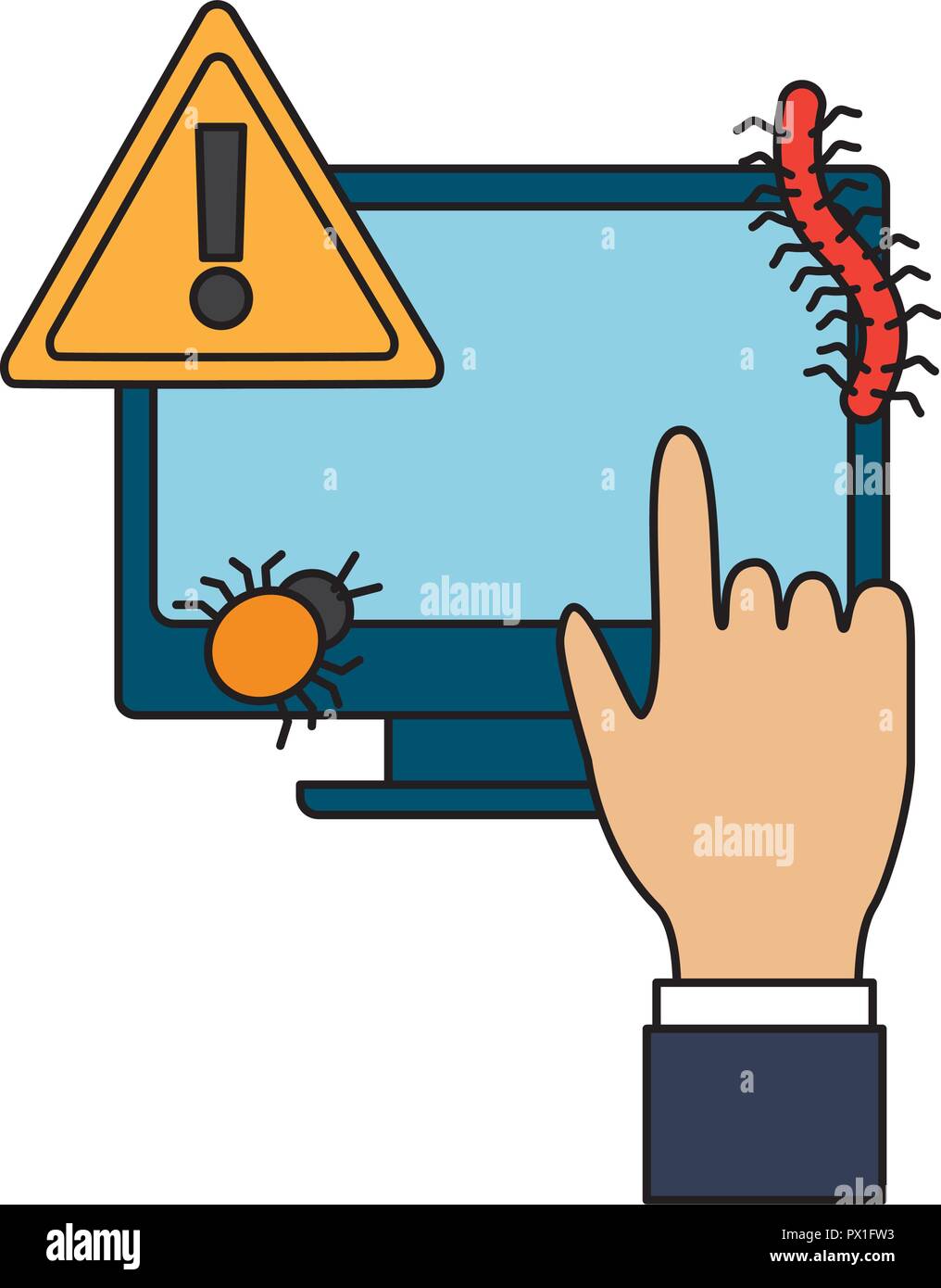 hand computer worm warning cyber security data vector illustration ...