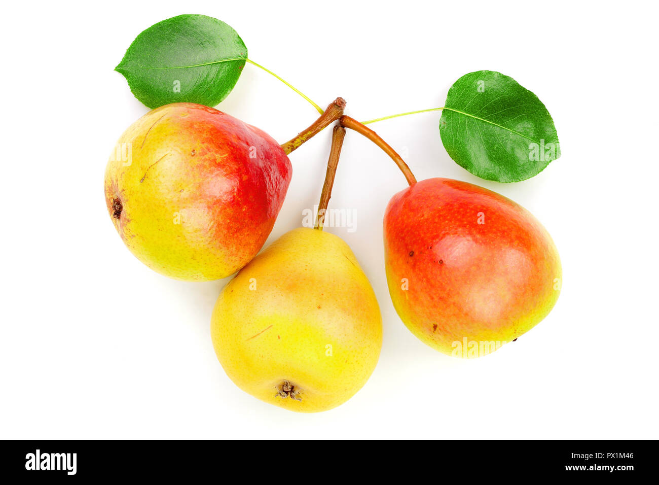 Three ripe red yellow pear fruits with leaf isolated on white ...