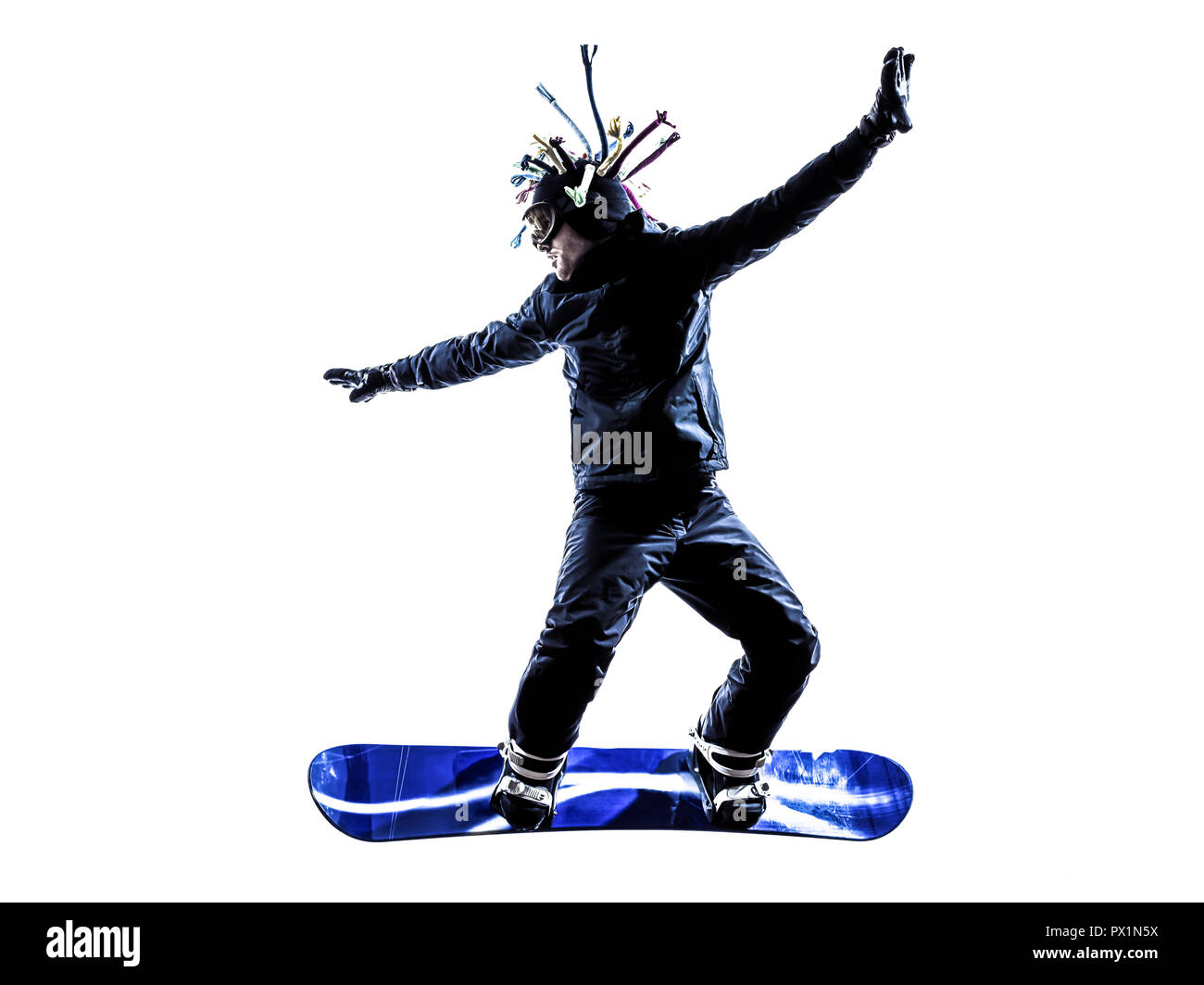 one young snowboarder man in silhouette white background Stock Photo ...