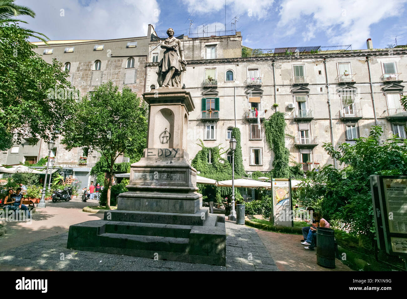 The Piazza Bellini with the statue of Vincenzo Bellini in Naples ...