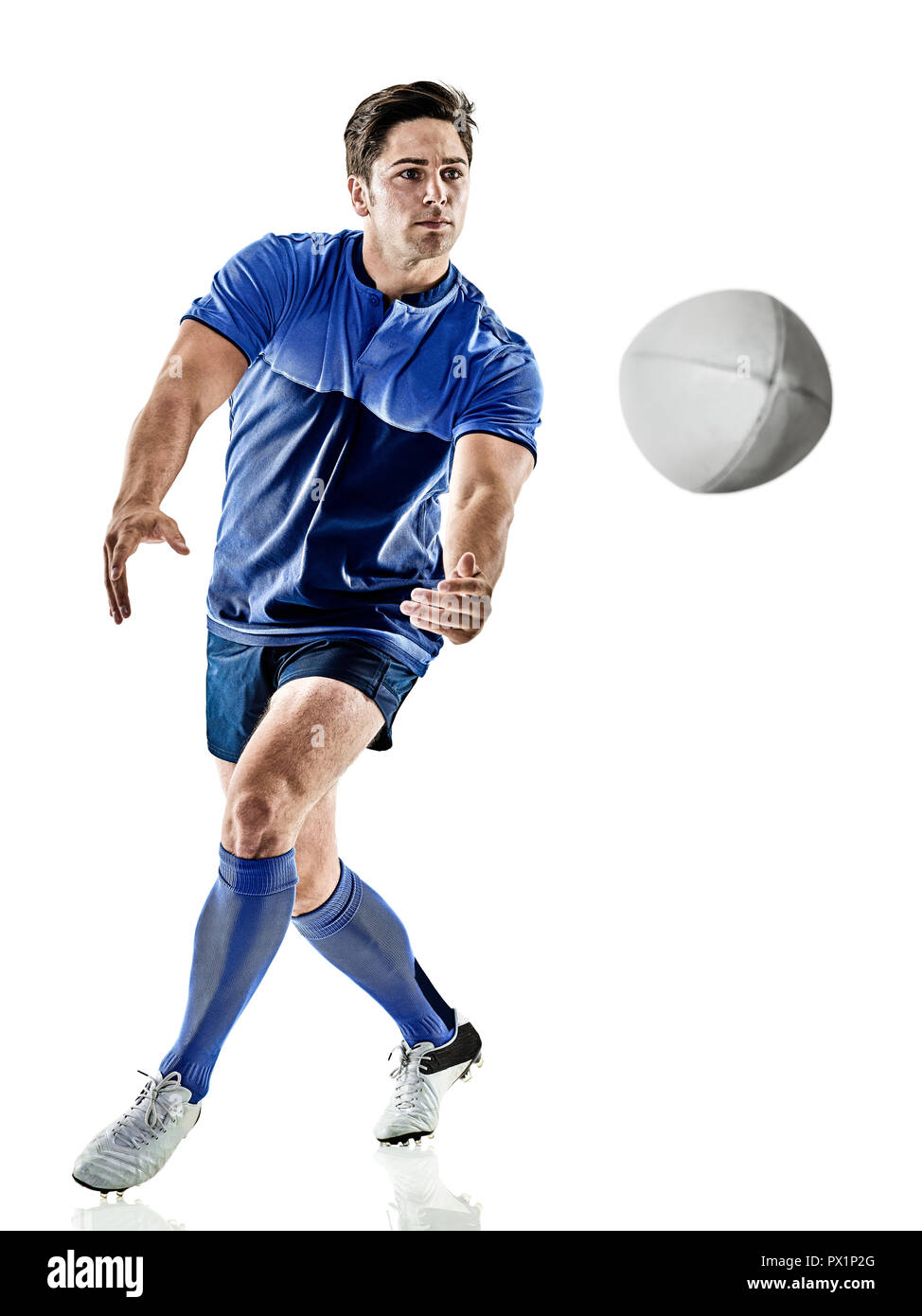 one caucasian rugby player man studio isolated on white background ...