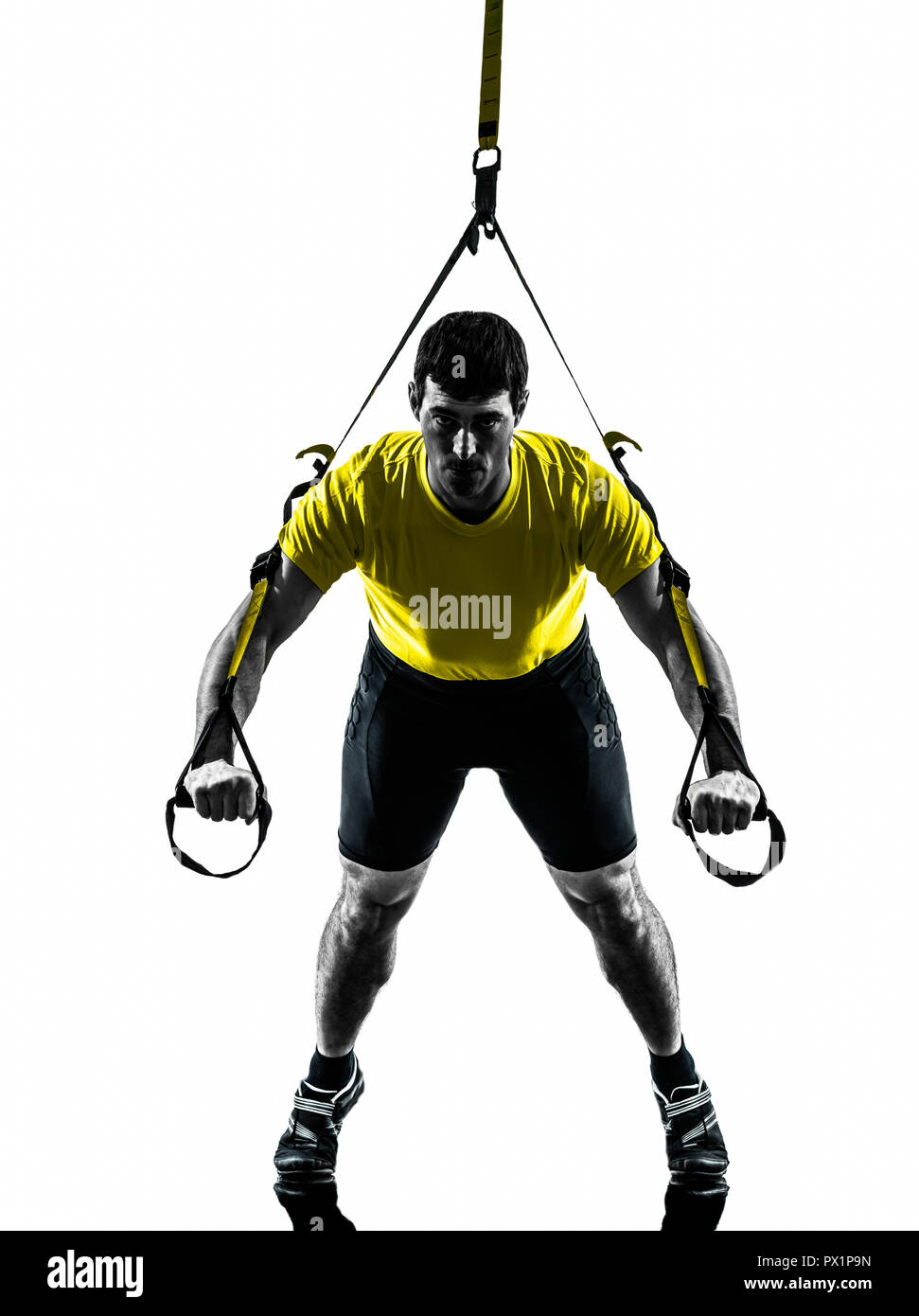one man exercising suspension training trx on white background Stock ...