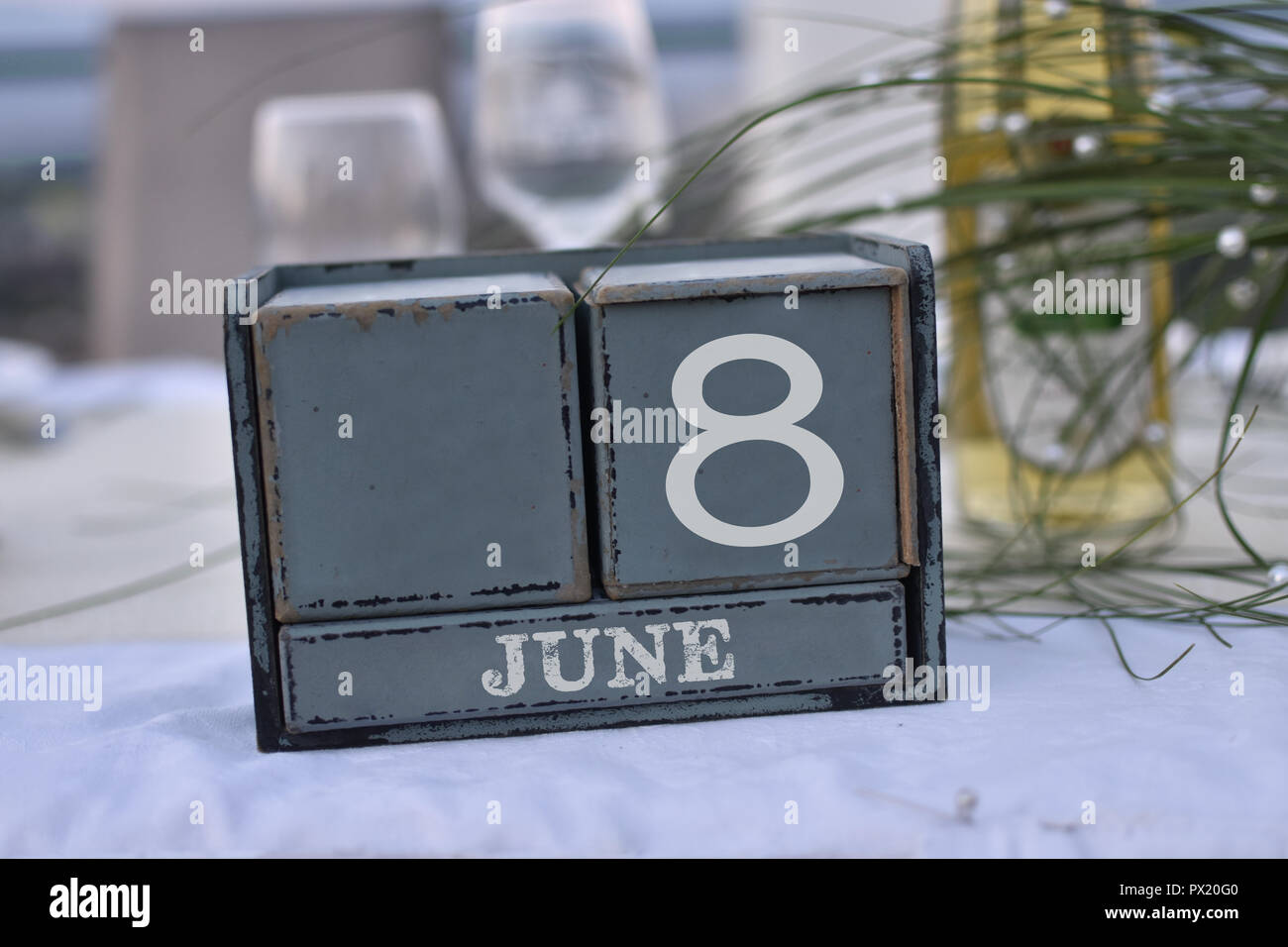 Wood blocks in box with date, day and month 8 June. Wooden blocks ...