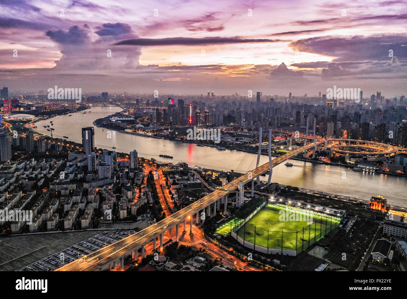 Birds eye view of the traffic light trail and Shanghai city Stock Photo ...