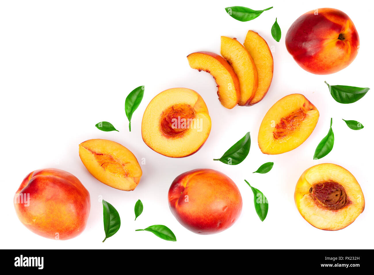 ripe nectarine with leaves isolated on white background with copy space ...