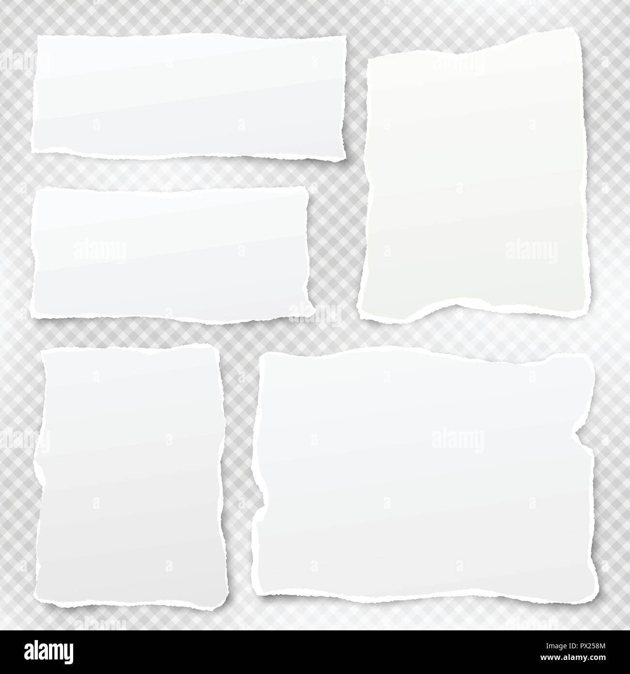 White ripped strips, note, notebook paper for text or message on gray ...